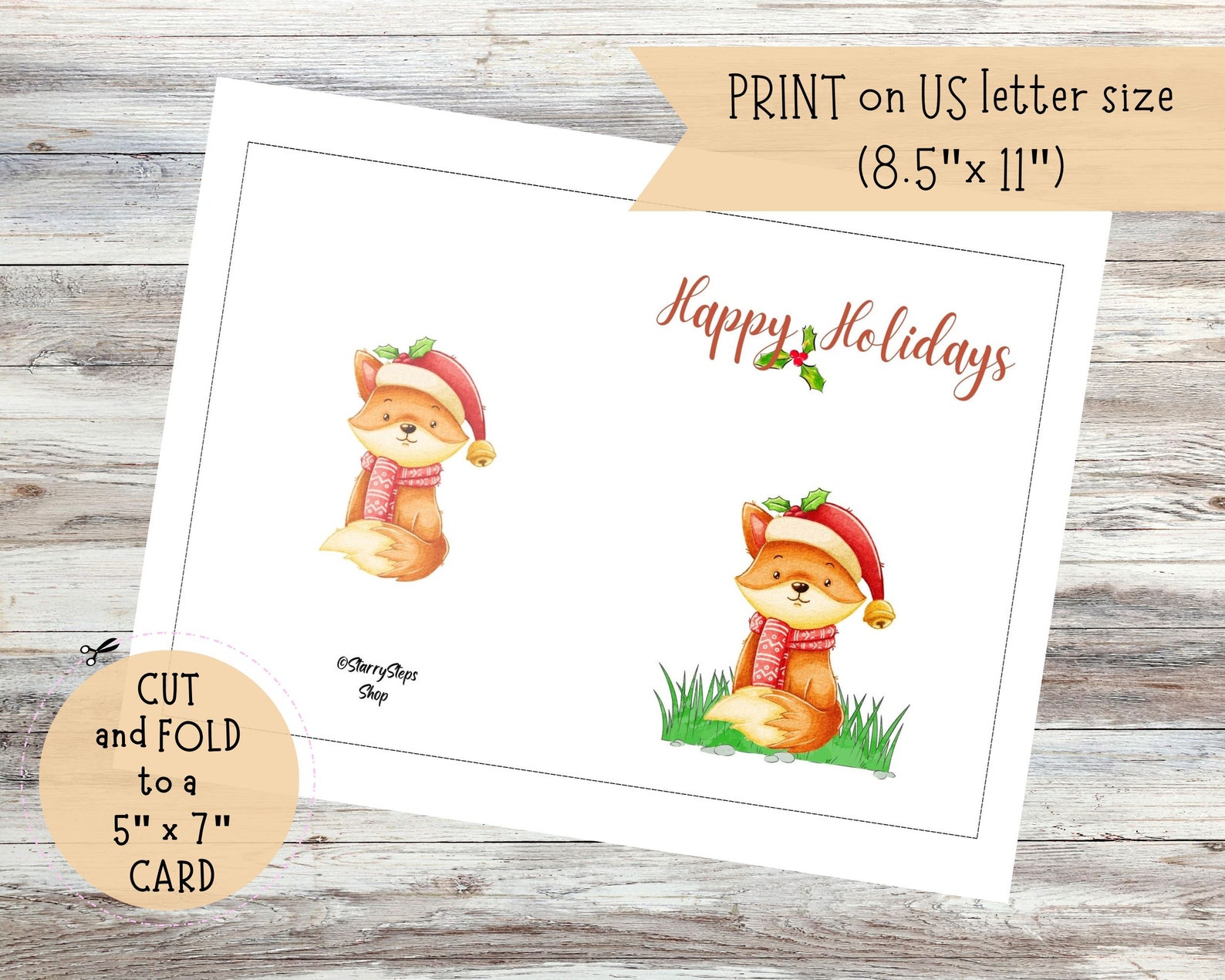 Cute Fox Christmas Card Happy Holidays Card Printable Christmas Cards ...