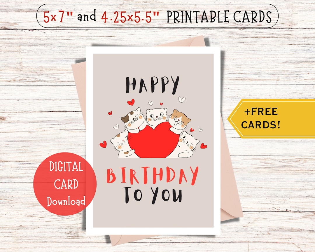 Cute Cats Happy Birthday Printable Card / Birthday Cats Card Printable ...