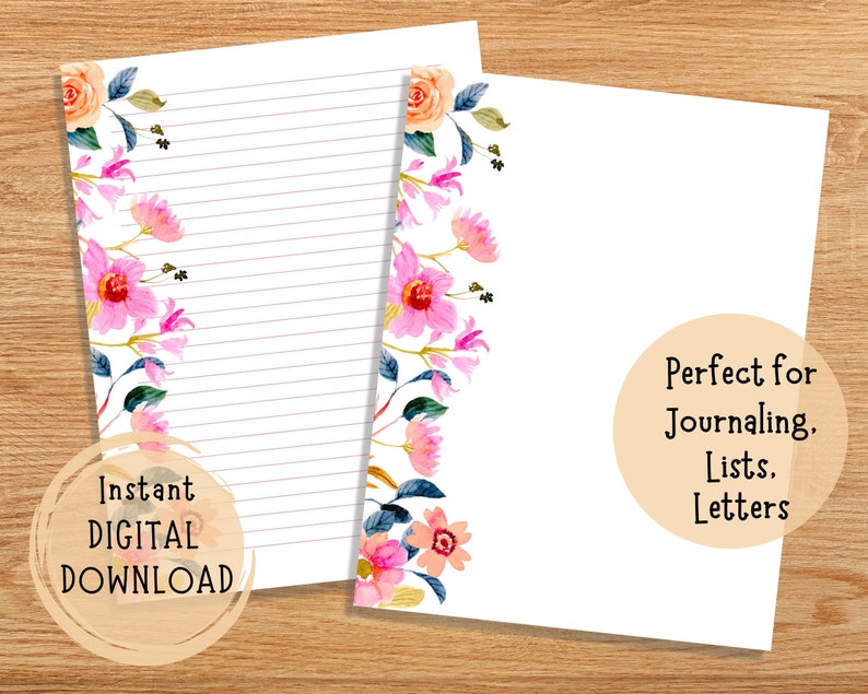 Floral Lined Paper, Floral Blank Paper, Printable Pink Flowers ...