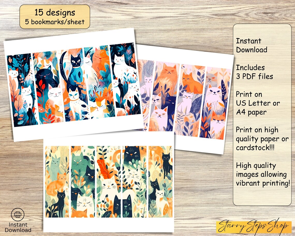 Whimsical Cats Printable Bookmarks, Cats Bookmark Set, Cats Printable ...