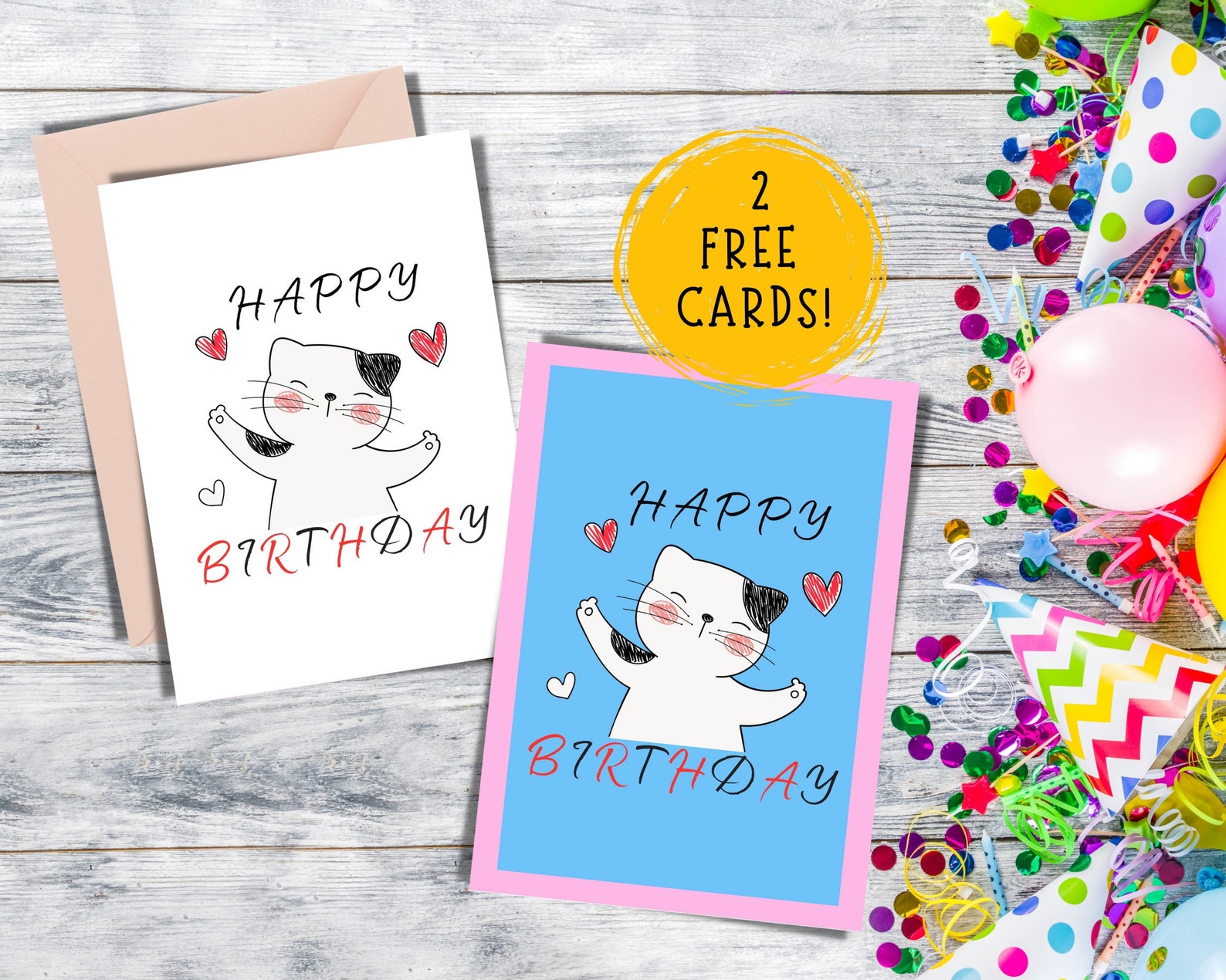Birthday Printable Card / Happy Birthday Cat Card Printable / Hearts ...