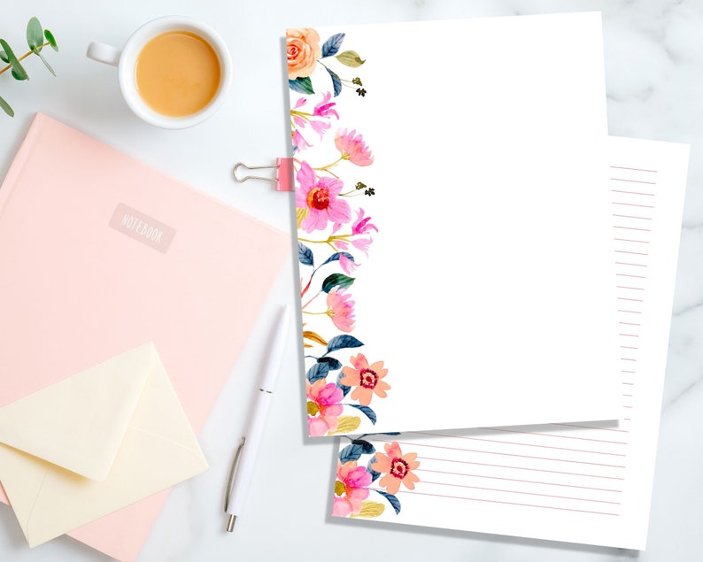 Floral Lined Paper, Floral Blank Paper, Printable Pink Flowers ...