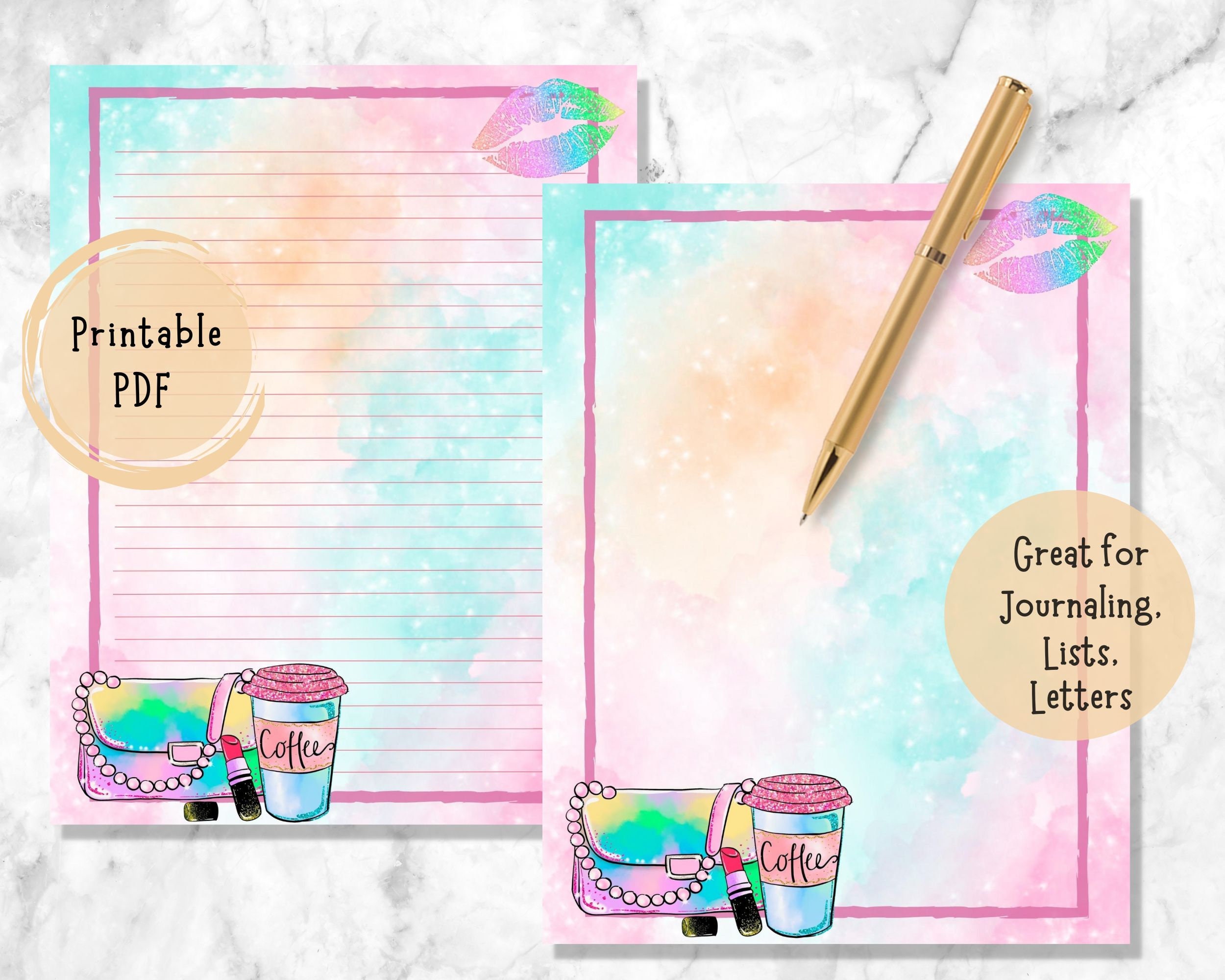Young Lady Lipstick and Bag Printable Stationery, Lined Paper, A5 ...