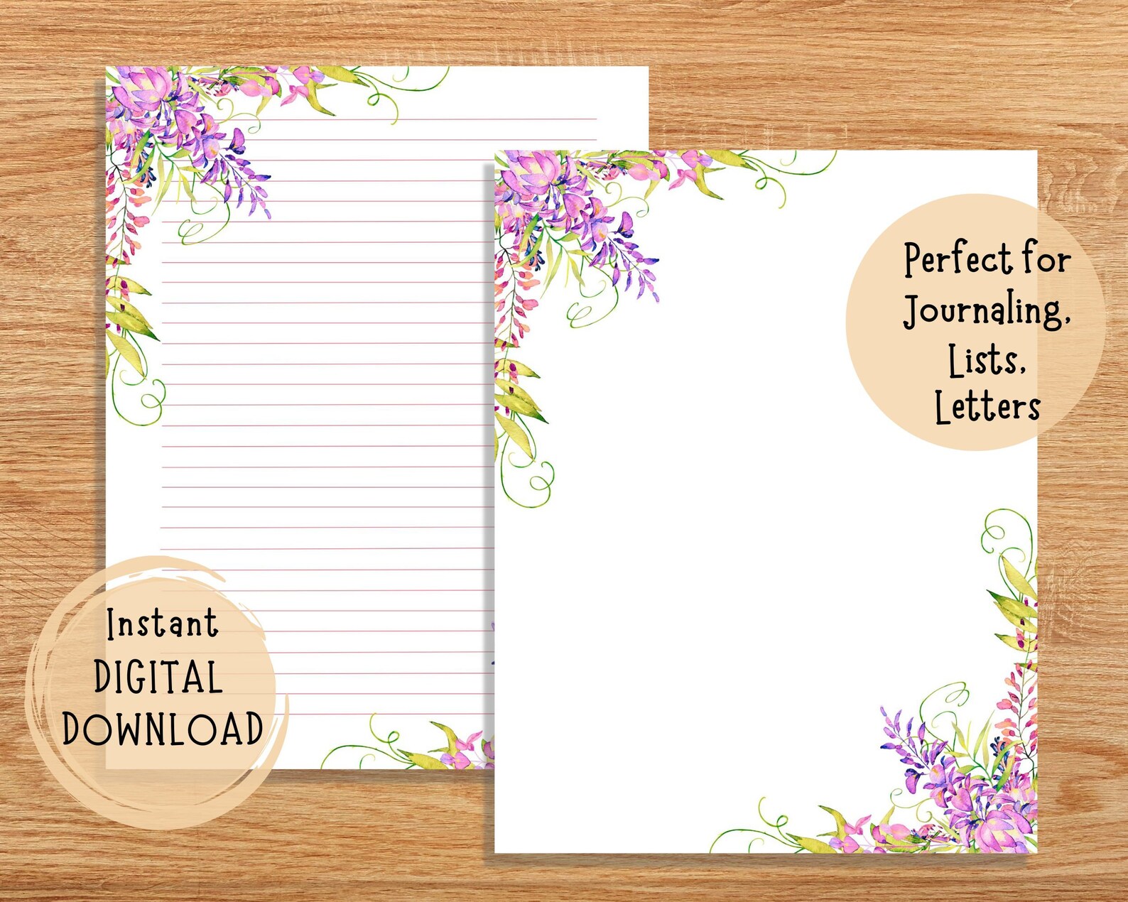 Floral Lined Paper, Floral Blank Paper, Printable Wisteria Stationery ...