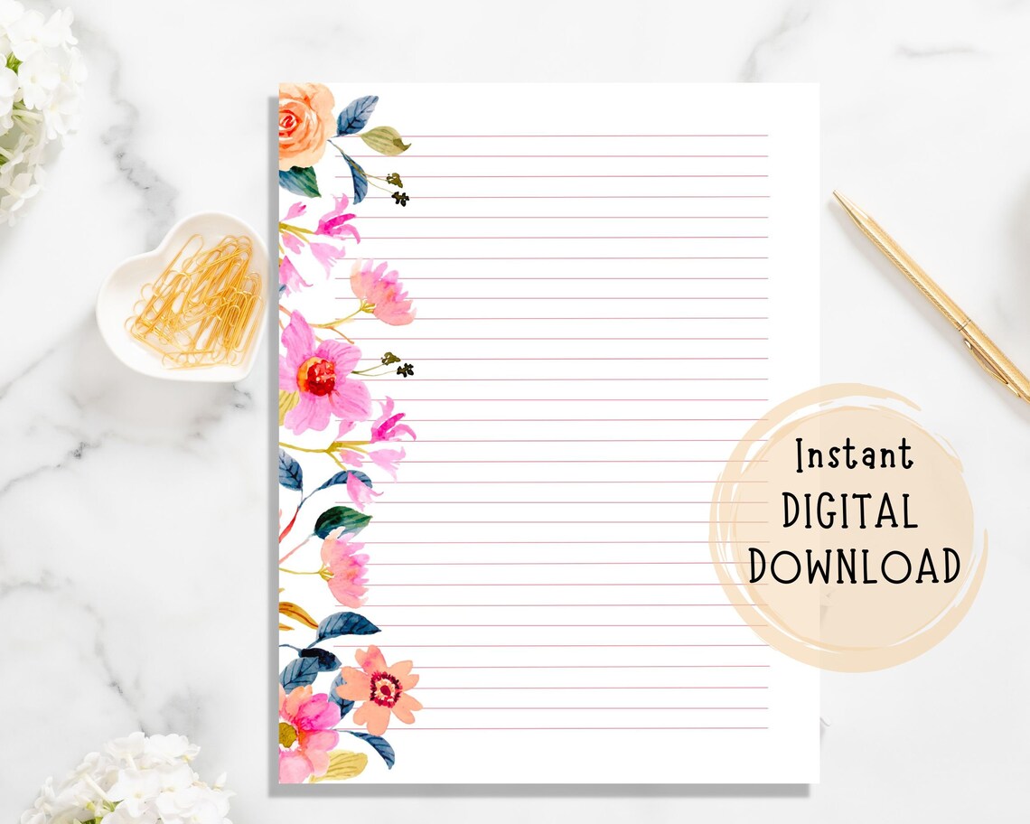 Floral Lined Paper, Floral Blank Paper, Printable Pink Flowers ...
