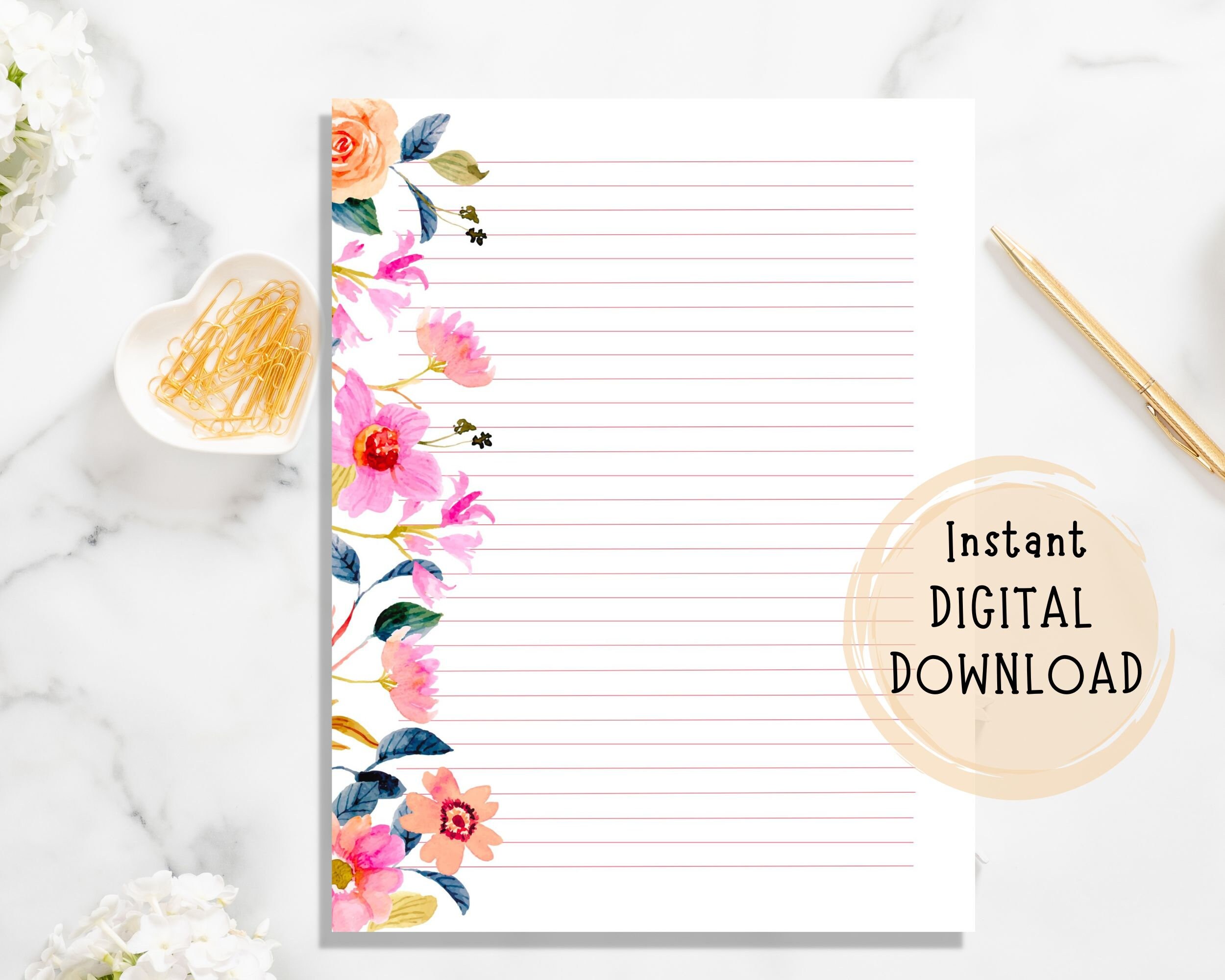 Floral Lined Paper, Floral Blank Paper, Printable Pink Flowers ...