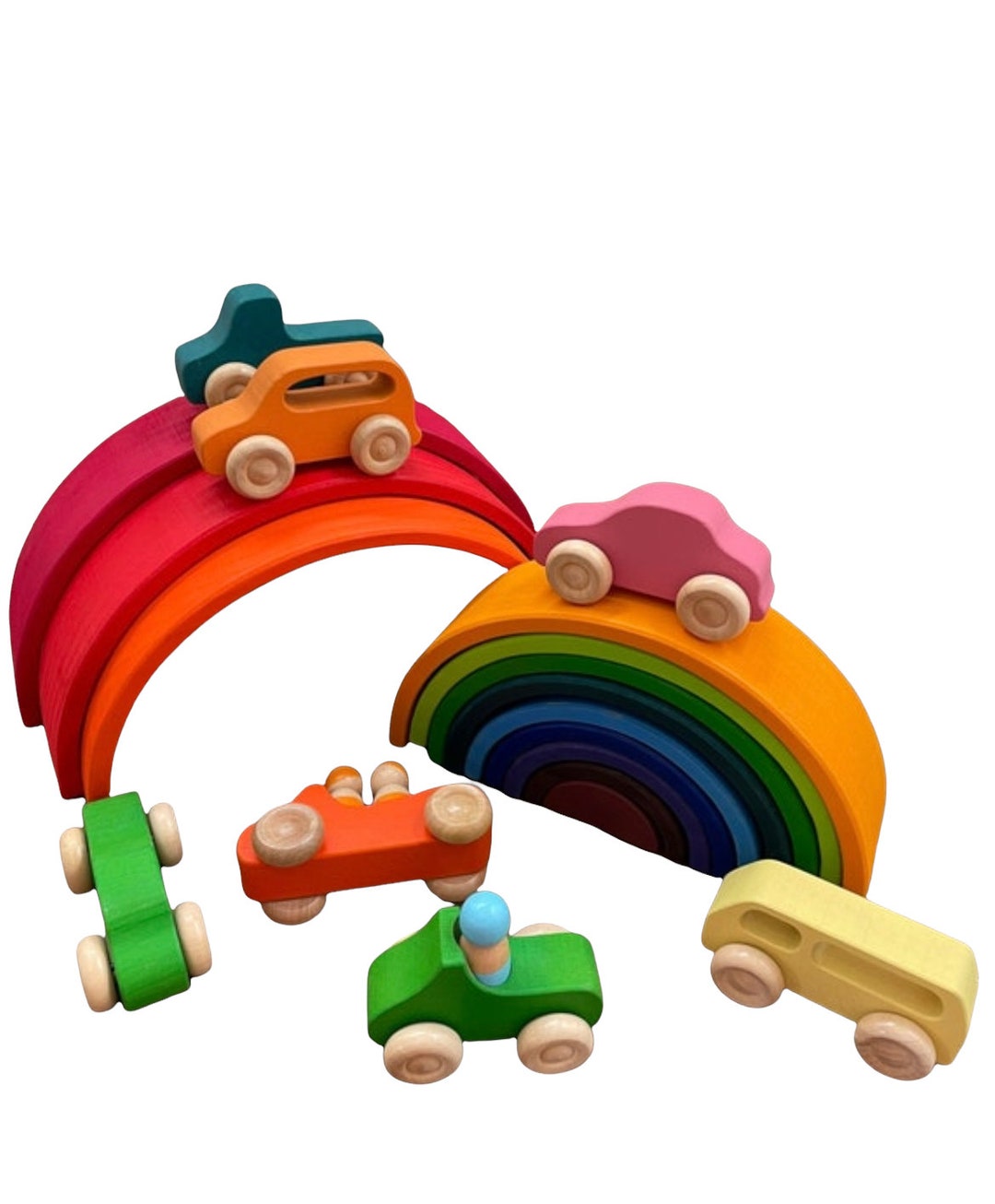 Personalized 12pcs Large Wooden Rainbow Stacker | 7pcs Wooden Car Set ...