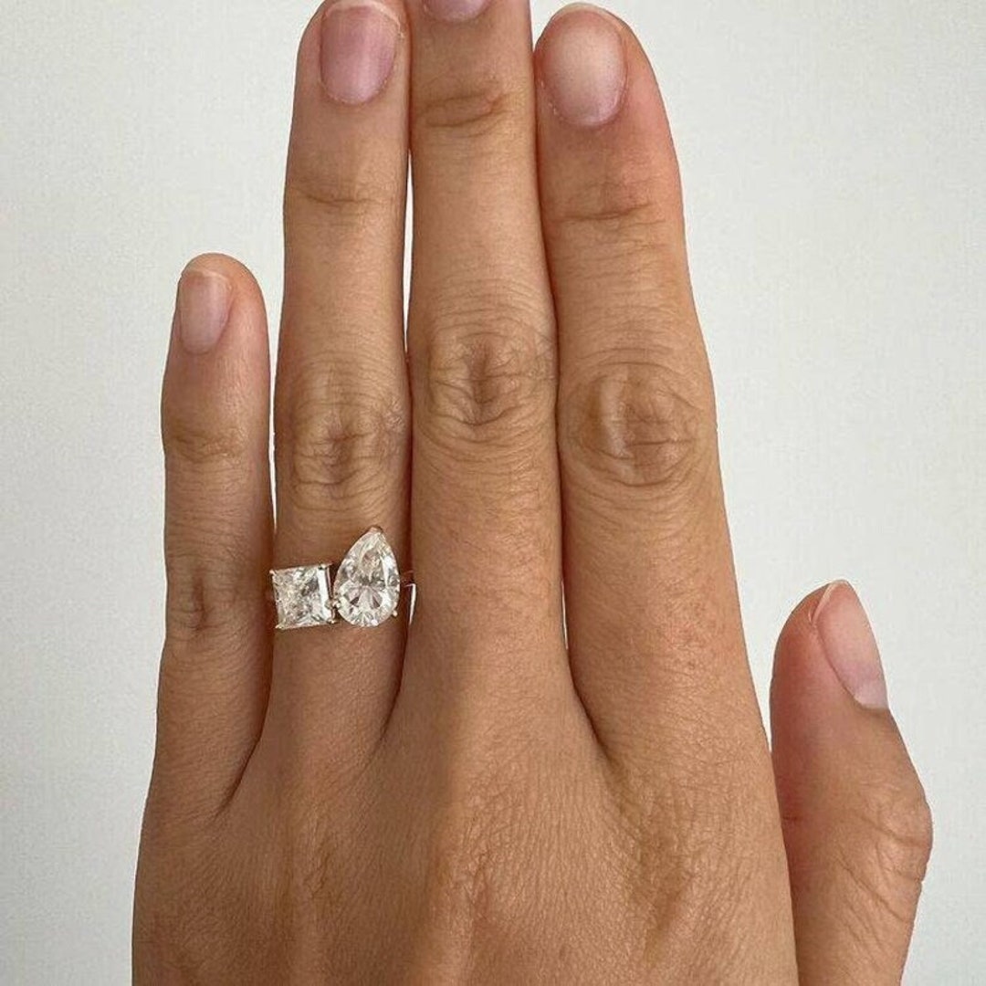 3.0 Ct Toi Et Moi Engagement Ring, Pear and Princess Moissanite Wedding ...