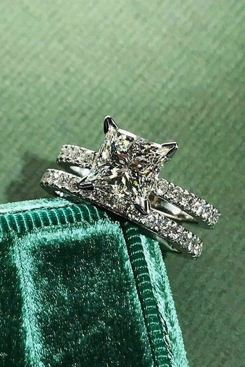 2 Ct Princess Cut Diamond Bridal Ring Set Solitaire | Etsy