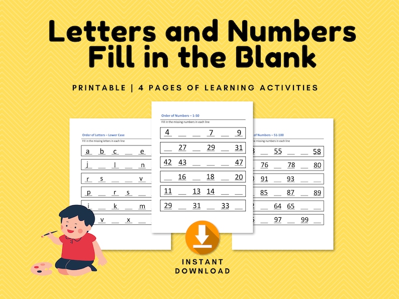 Alphabet and Numbers Fill in the Blank Worksheet, Dyslexia Resource PDF ...