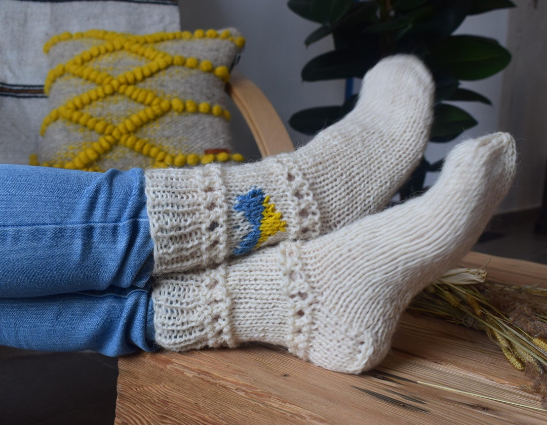 Hand Knit Wool Socks, Ukrainian Flag Heart Design, Warm Winter Socks - Etsy
