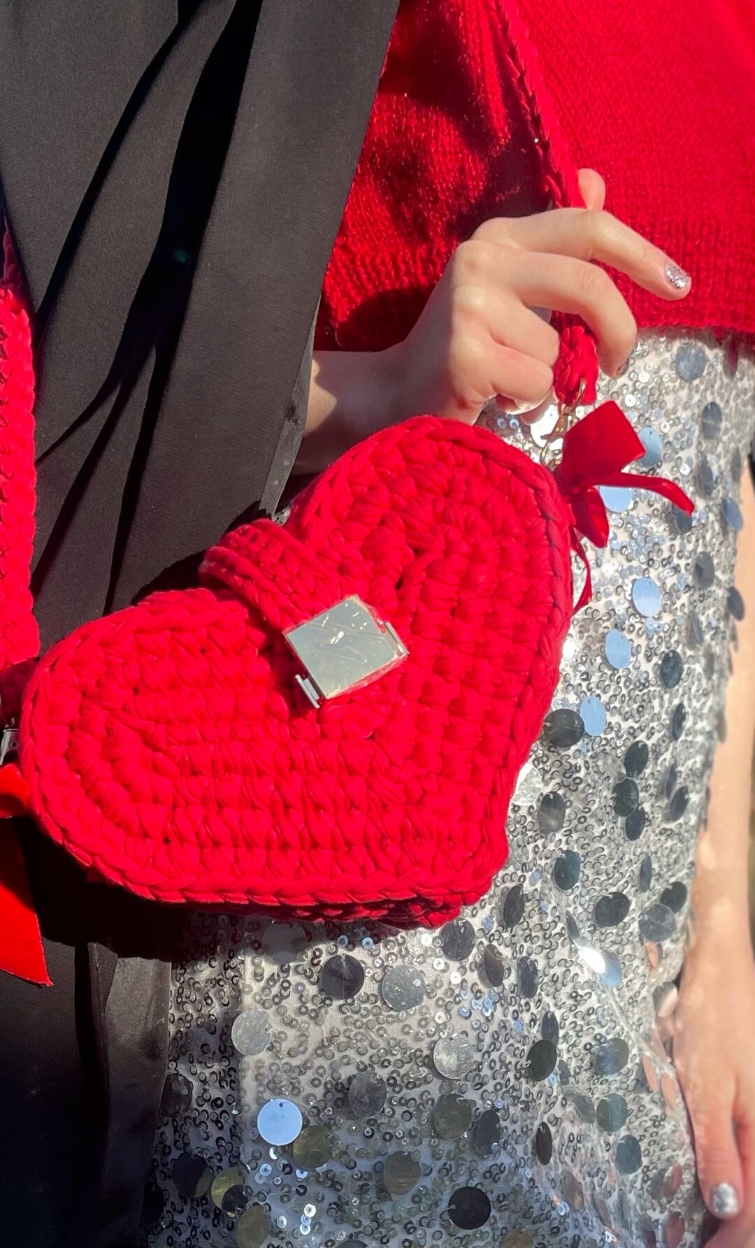 Red Woven Bag in the Shape of a Heart, Romantic Accessory, Cotton Bag ...