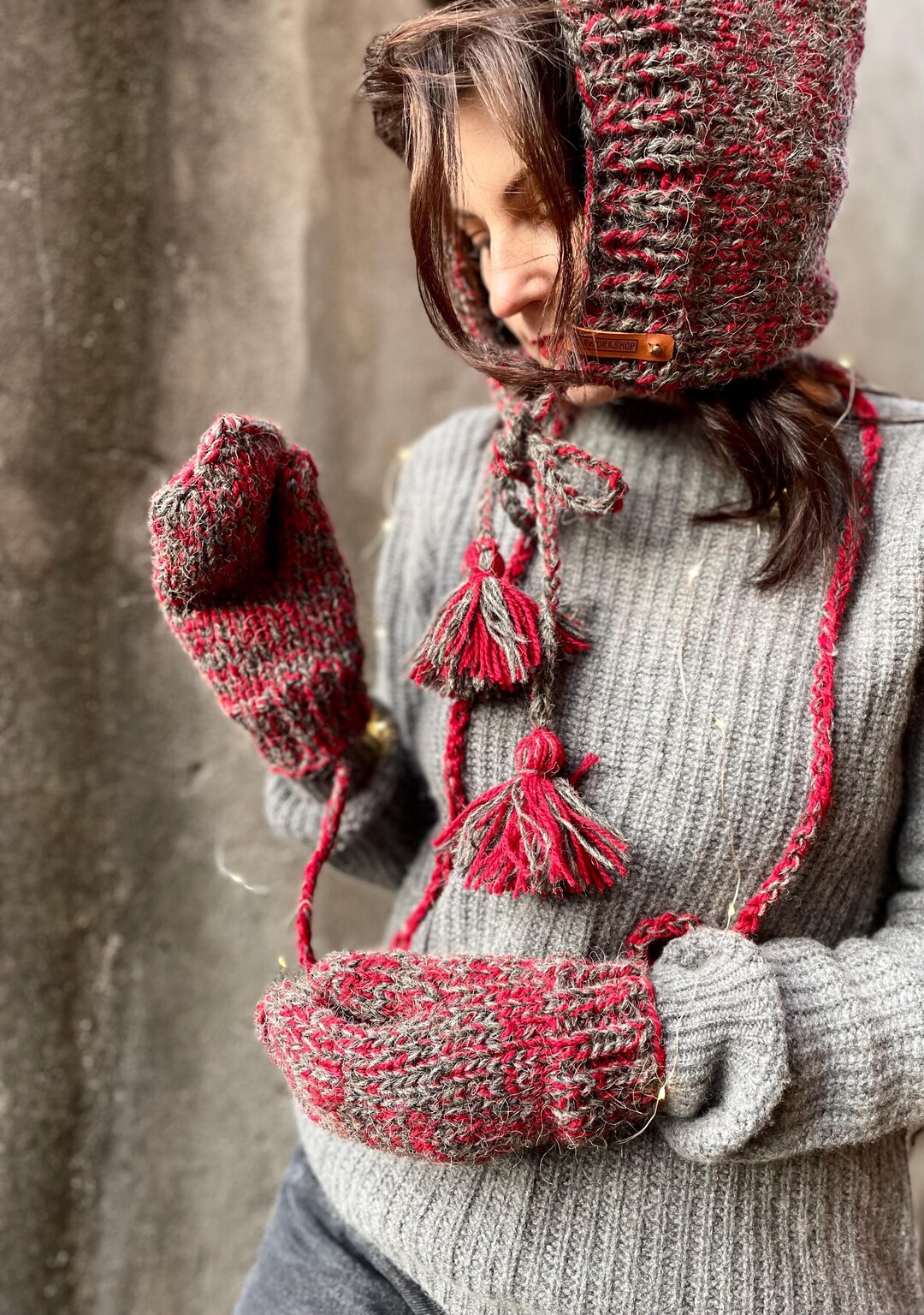 Wool Knit Hood and Mittens Set: Melange Style, Tasseled Lace - Etsy