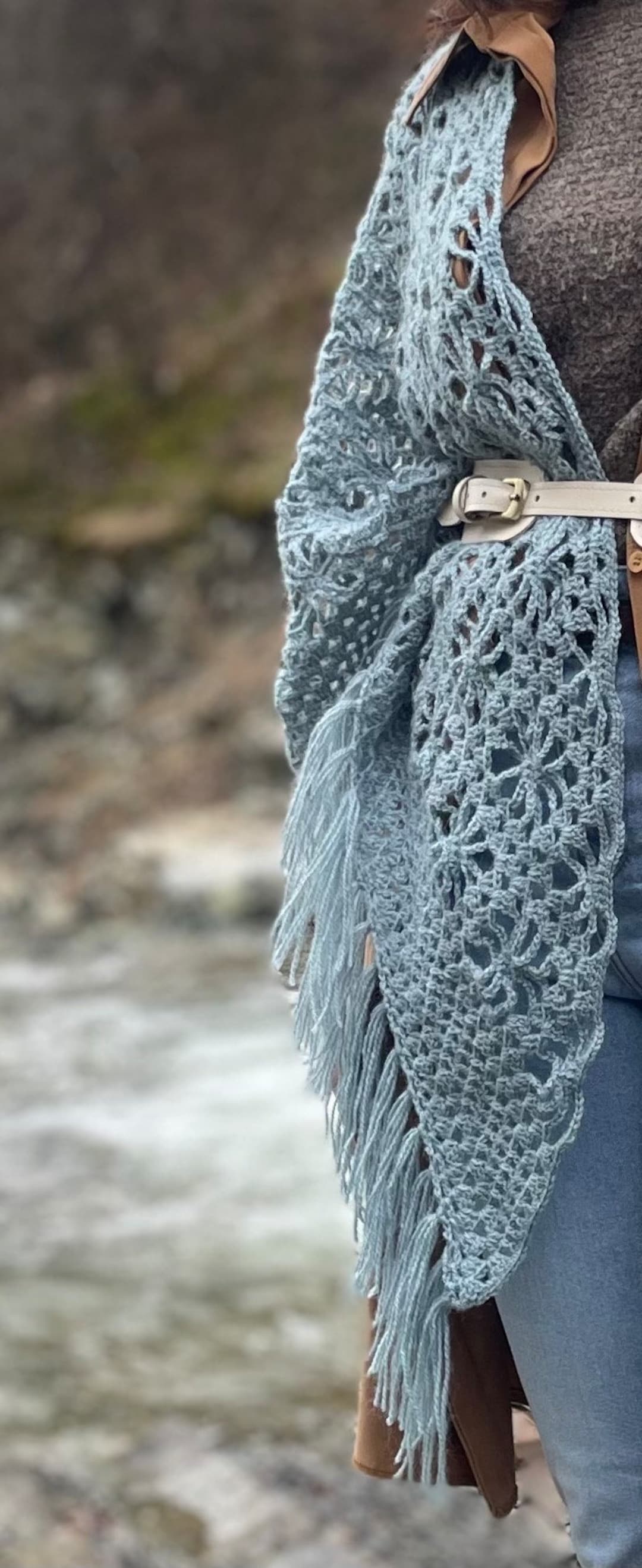 Crocheted Soft Shawl With Fringes, Openwork Shawl, Blue Flaffy ...