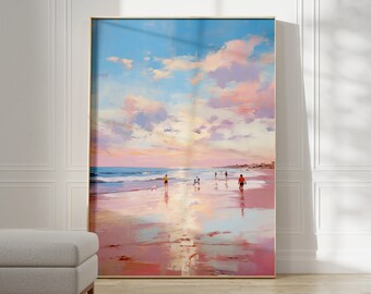 Vintage Beach Poster Print, Abstract Coastal Art, Pink & Teal Wall Art ...