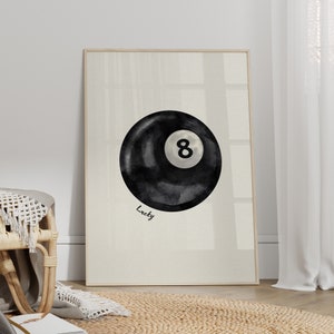 Vintage Pool Ball Print, Lucky 8 Ball Wall Art, Retro Hand Drawn Poster, Black Pool Ball Poster ...