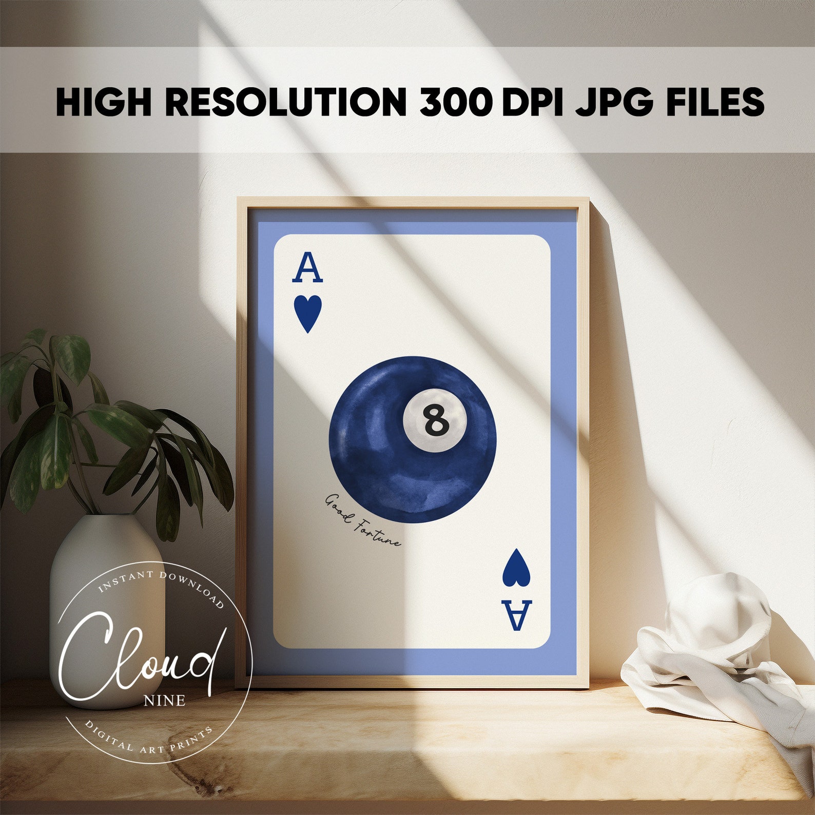 Vintage Pool Ball Print, Lucky Blue 8 Ball, Playing Card Wall Art ...