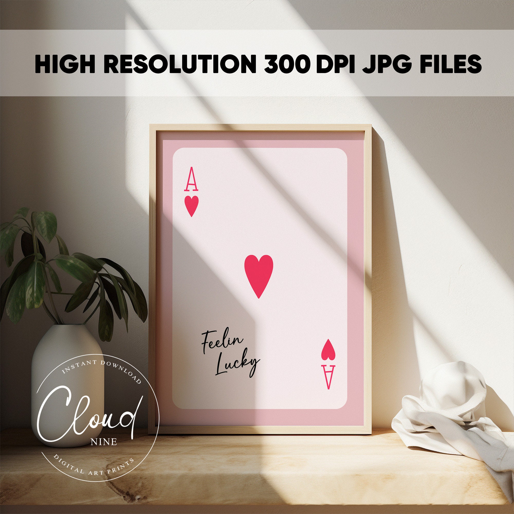 Playing Card Posters Set of 2, Pink Queen of Hearts Lucky Ace Wall Art ...