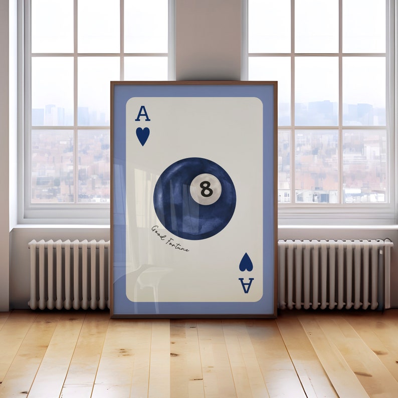 Vintage Pool Ball Print, Lucky Blue 8 Ball, Playing Card Wall Art ...