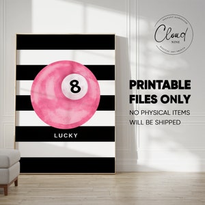 Lucky 8 Ball Wall Art, Vintage Pool Ball Print, Retro 80's Hand Drawn ...