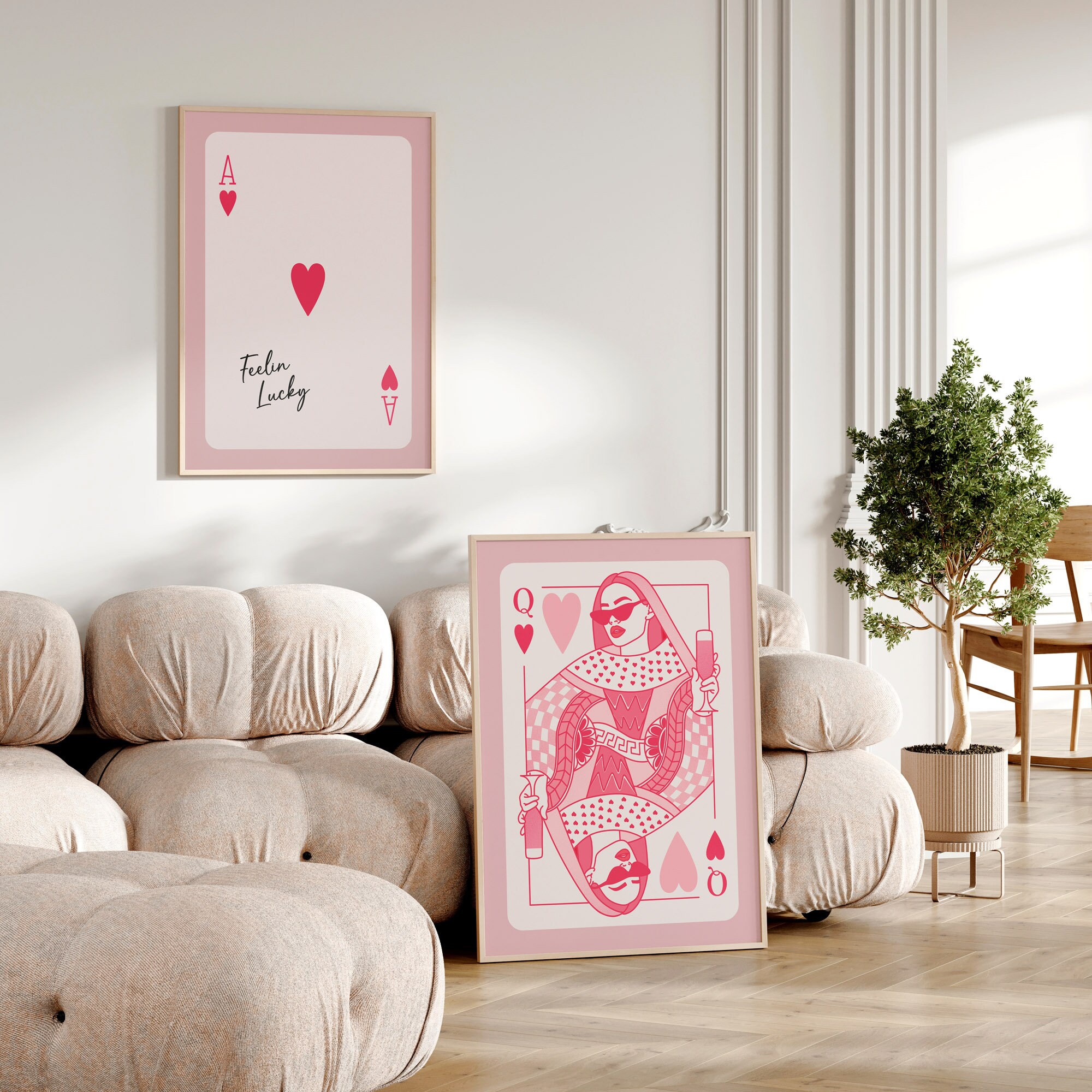 Playing Card Posters Set of 2, Pink Queen of Hearts Lucky Ace Wall Art ...