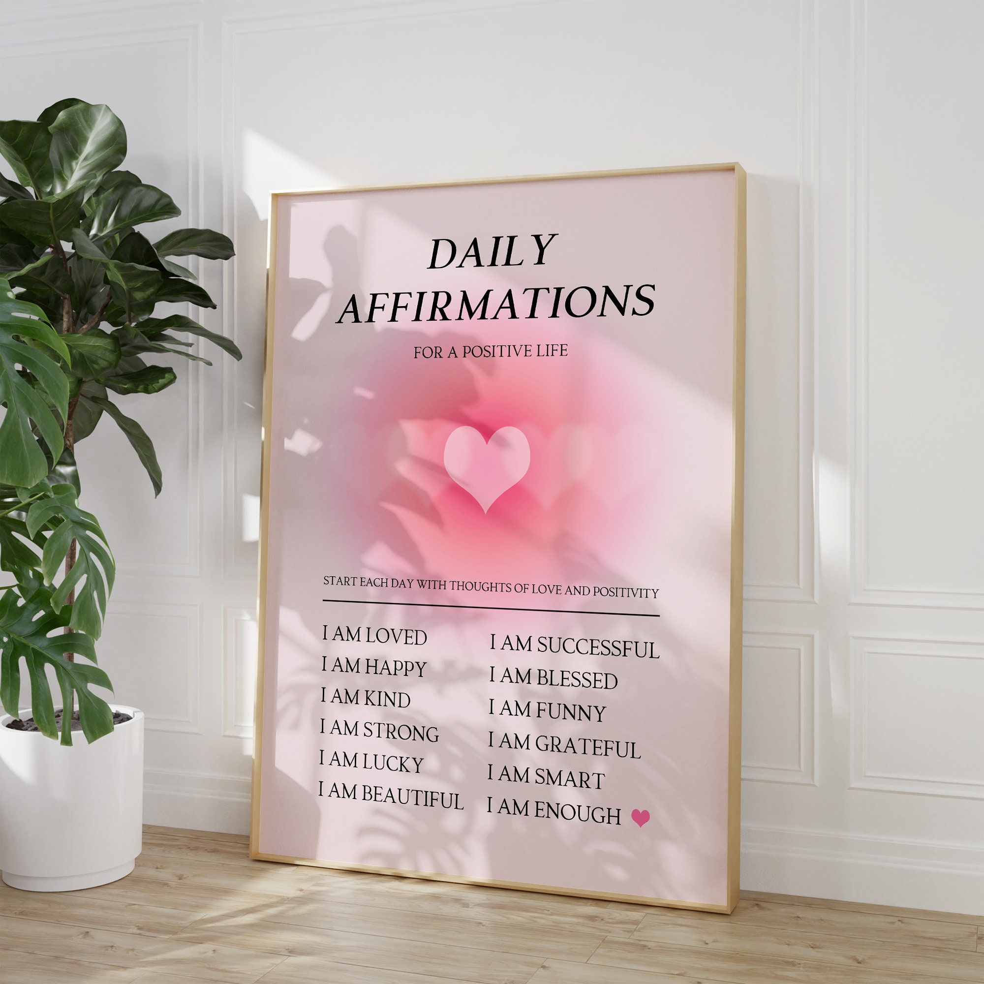 Daily Affirmations Poster, Positive Wall Art, Pink Aura Print, Heart ...