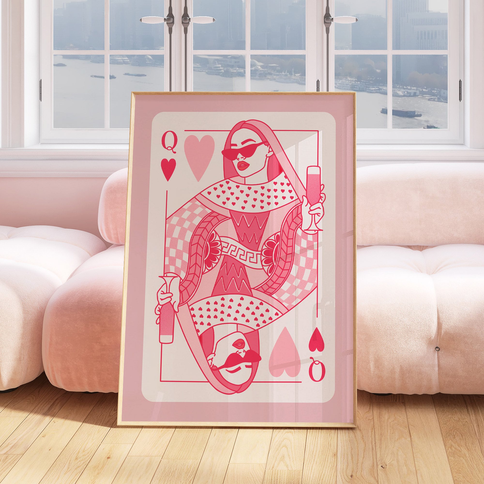 Pink Queen of Hearts Playing Card Poster, Champagne Cocktail Wall Art ...
