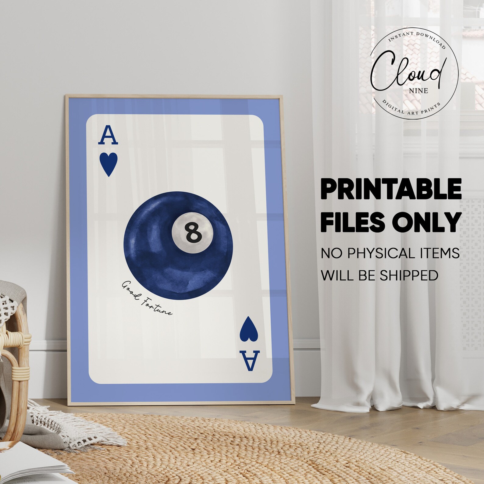 Vintage Pool Ball Print, Lucky Blue 8 Ball, Playing Card Wall Art ...