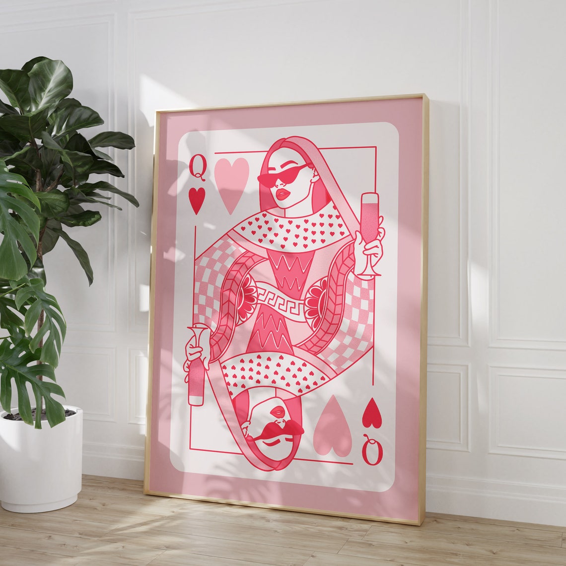 Pink Queen of Hearts Playing Card Poster, Champagne Cocktail Wall Art ...