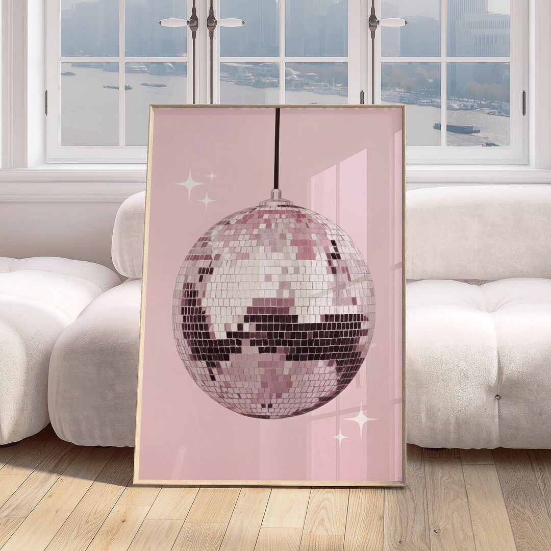 Retro Pink Disco Ball Poster, Mirror Ball Wall Art, Vintage 70's Style ...