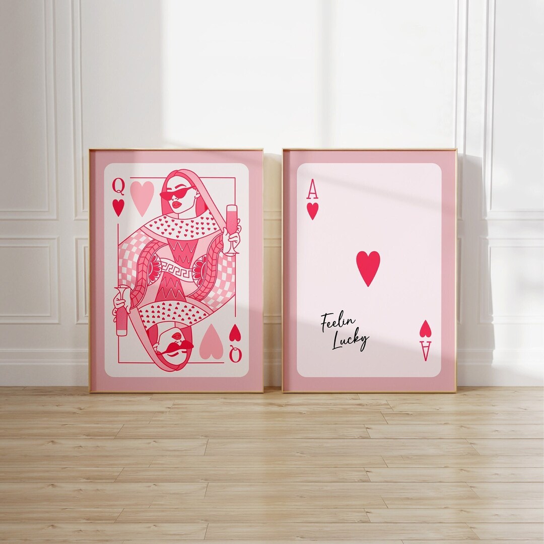Playing Card Posters Set of 2, Pink Queen of Hearts Lucky Ace Wall Art ...