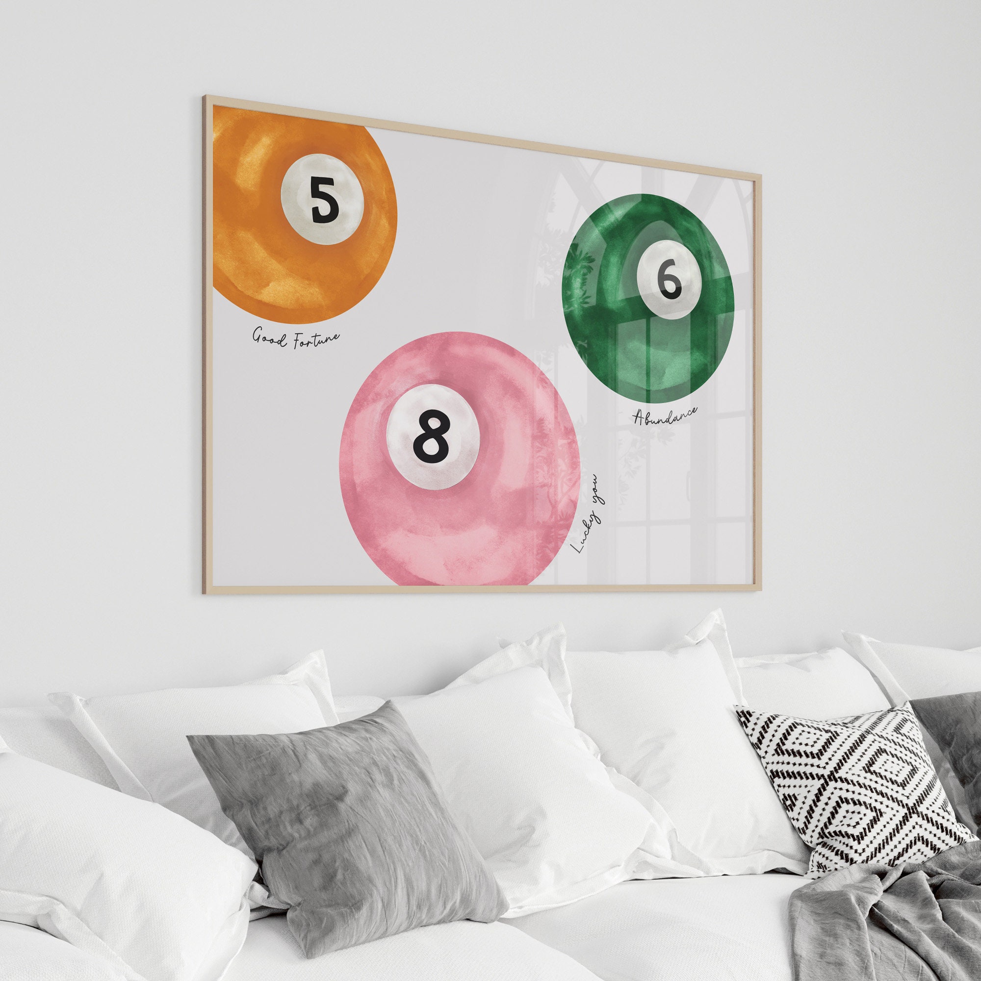 Vintage 8 Ball Print, Lucky Pool Ball Wall Art, Retro Hand Drawn Poster, Pink Orange & Green ...