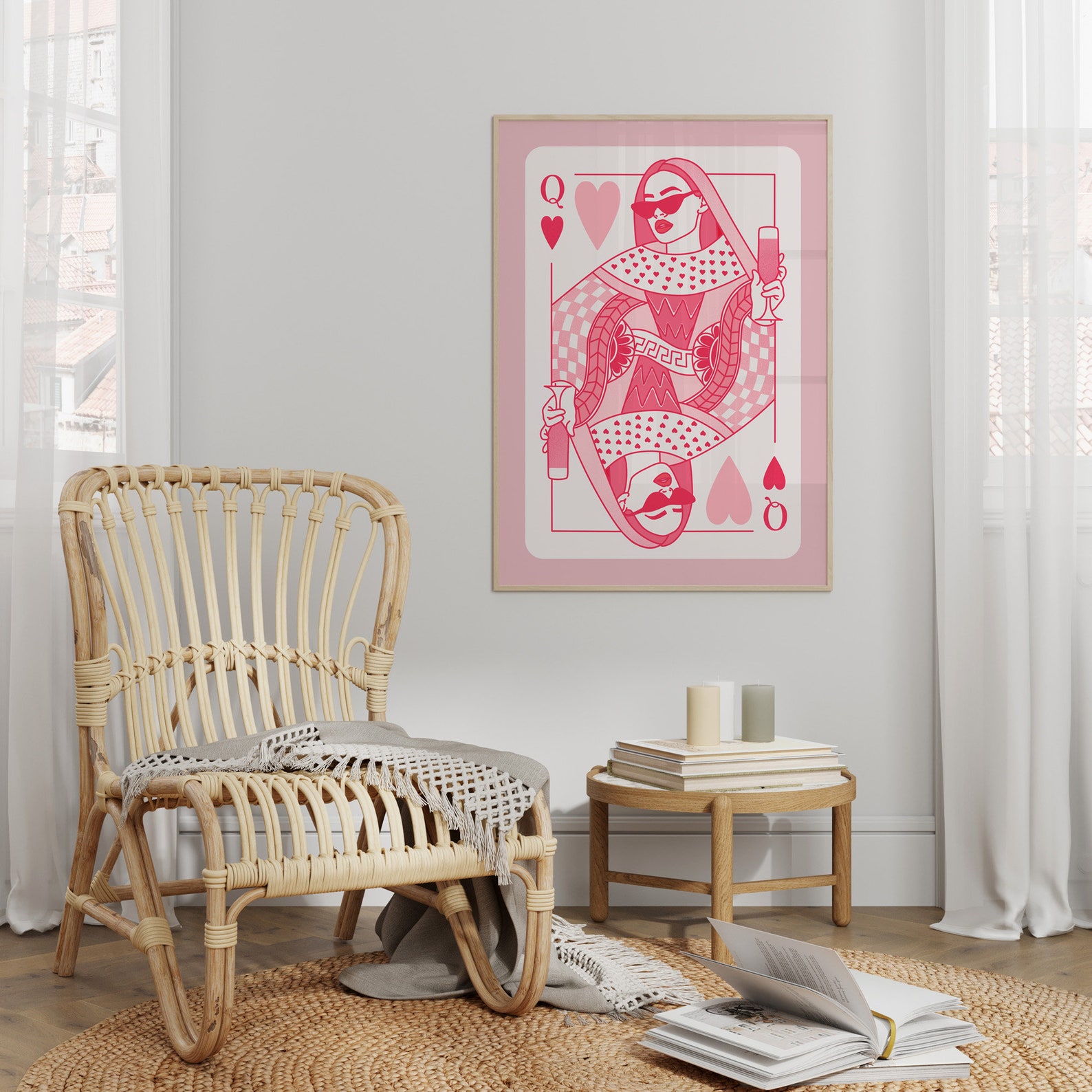 Pink Queen of Hearts Playing Card Poster, Champagne Cocktail Wall Art ...