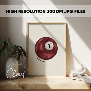 Vintage Pool Ball Print, Lucky Number 7 Dark Red Wall Art, Retro Hand ...