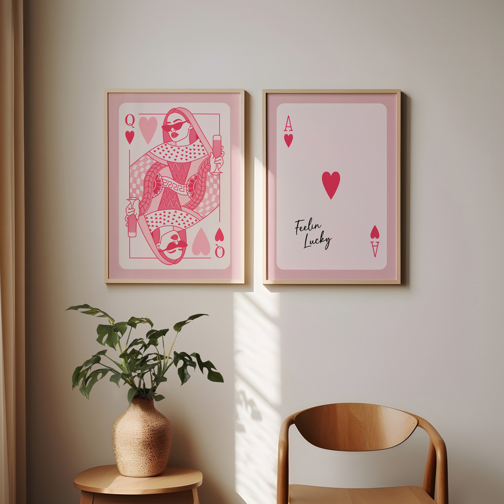 Playing Card Posters Set of 2, Pink Queen of Hearts Lucky Ace Wall Art ...