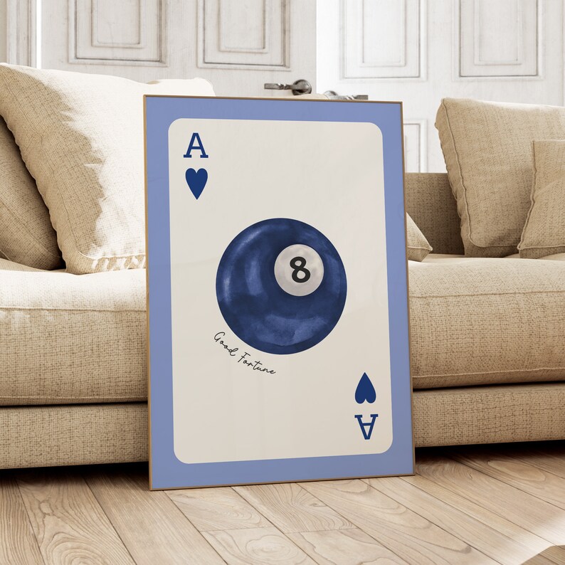 Vintage Pool Ball Print, Lucky Blue 8 Ball, Playing Card Wall Art ...