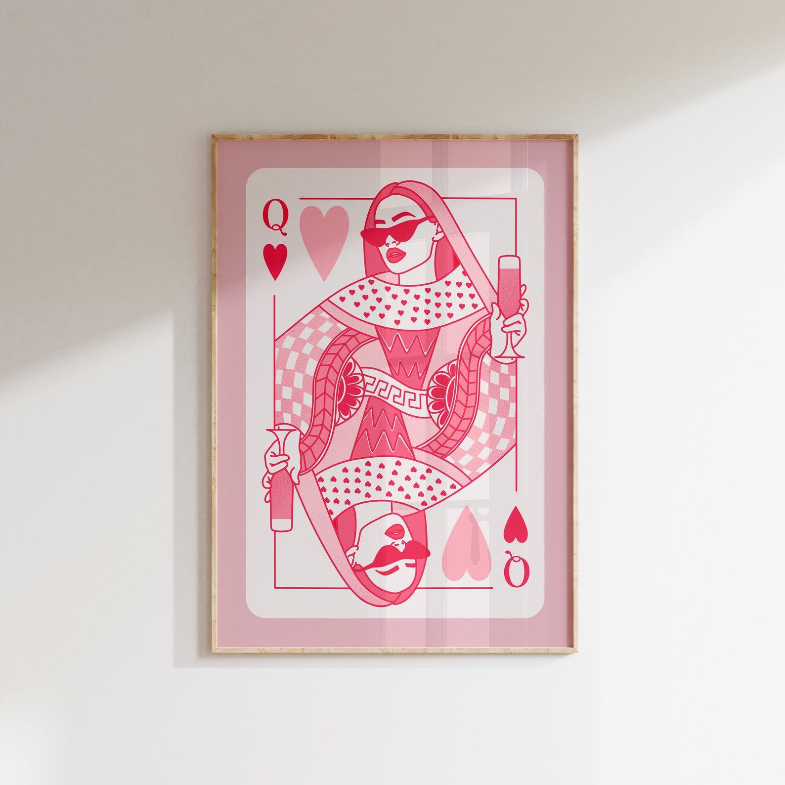 Pink Queen of Hearts Playing Card Poster, Champagne Cocktail Wall Art ...