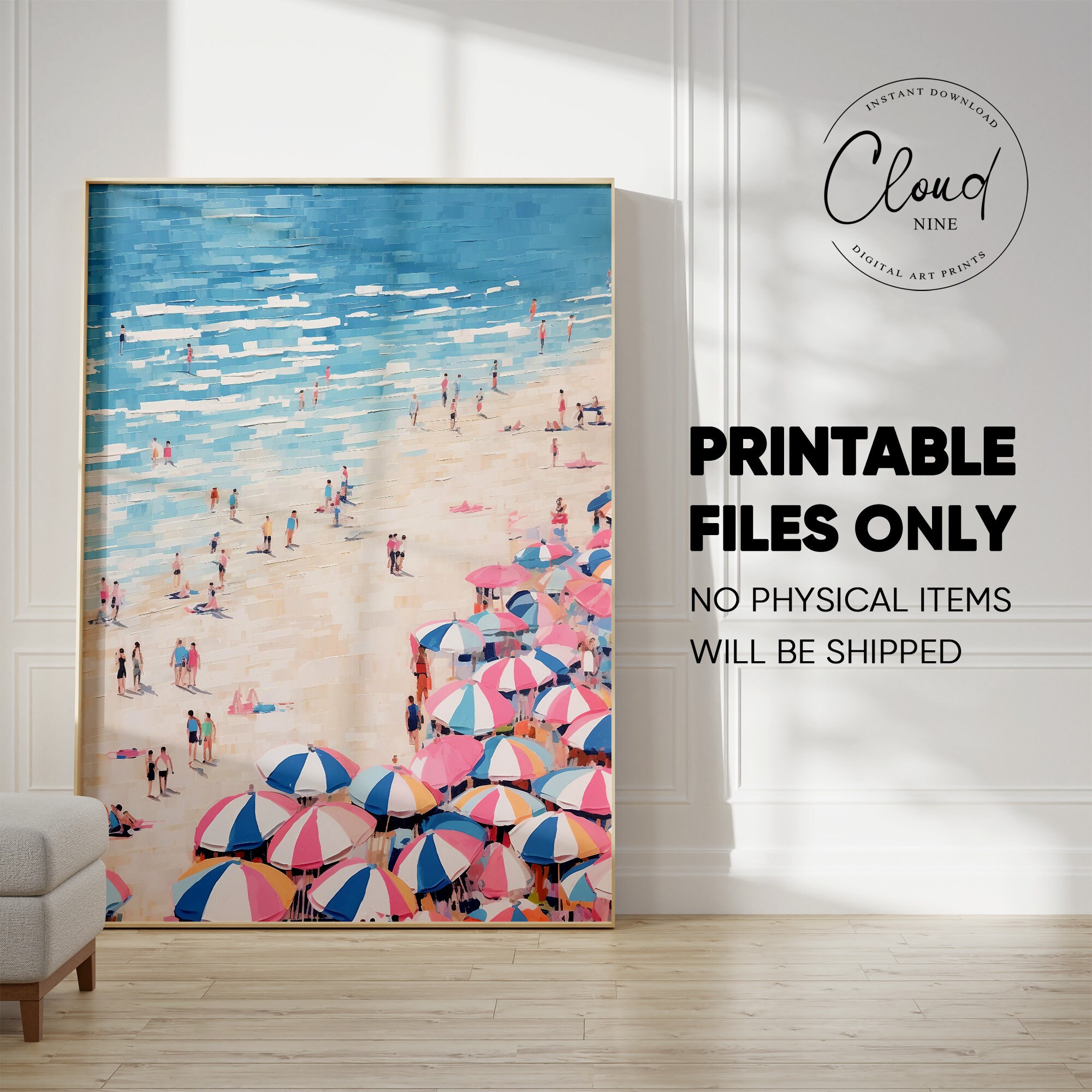 Vintage Beach Poster Print, Abstract Coastal Art, Pink & Teal Wall Art ...