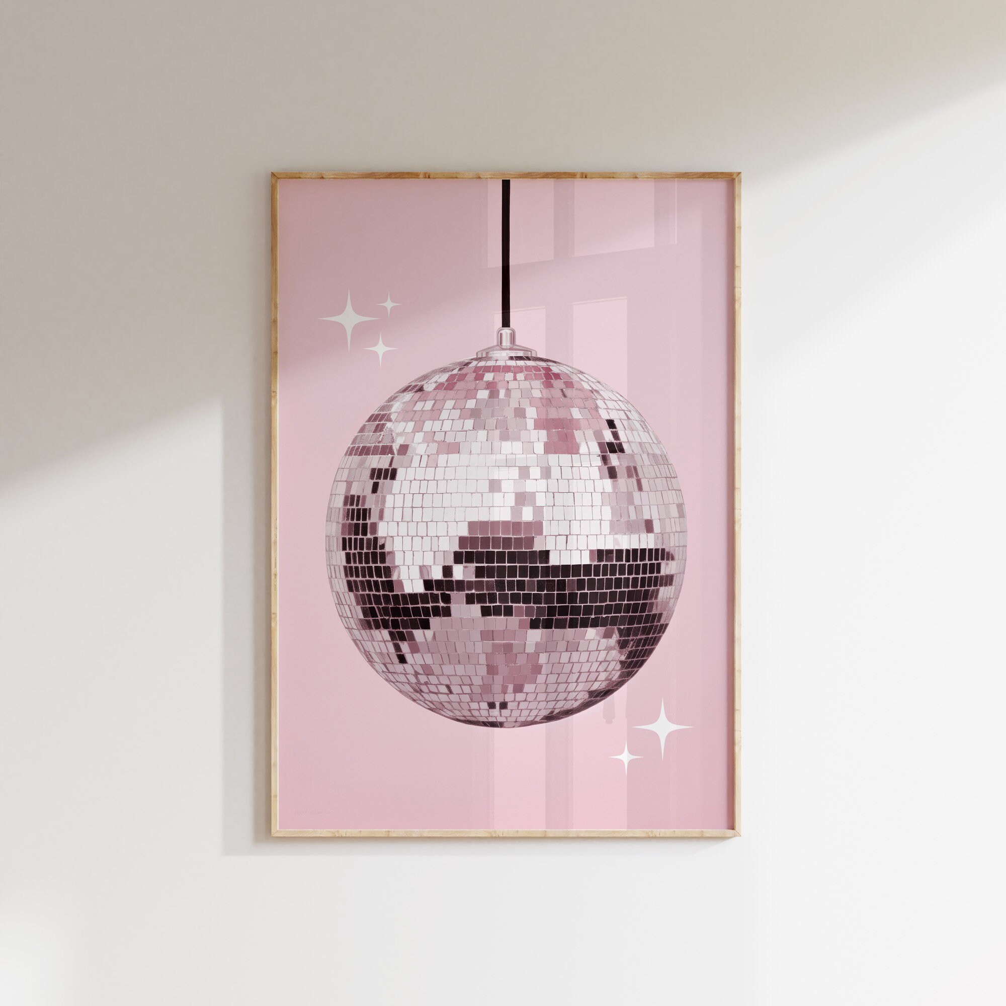 Retro Pink Disco Ball Poster, Mirror Ball Wall Art, Vintage 70's Style ...