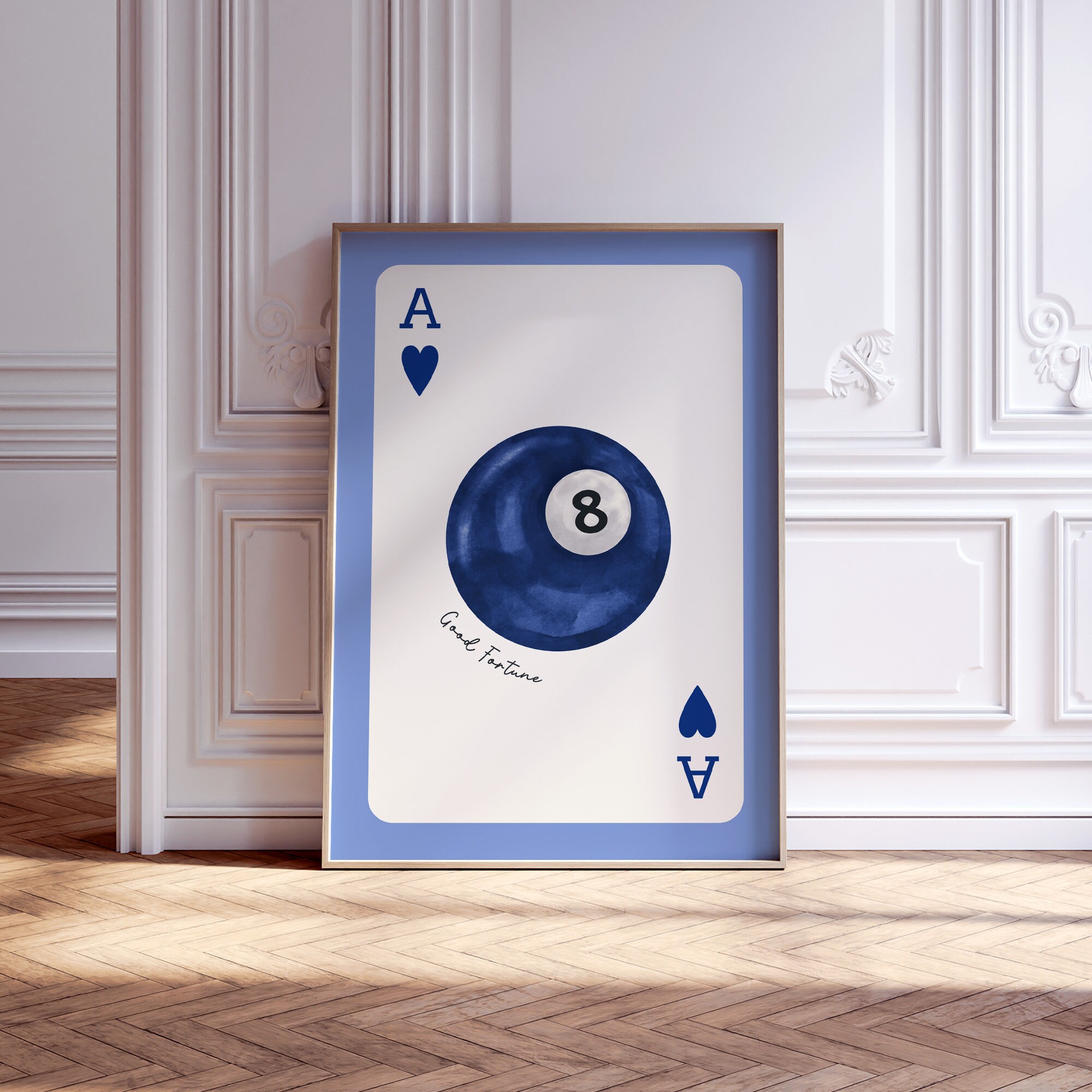 Vintage Pool Ball Print, Lucky Blue 8 Ball, Playing Card Wall Art ...