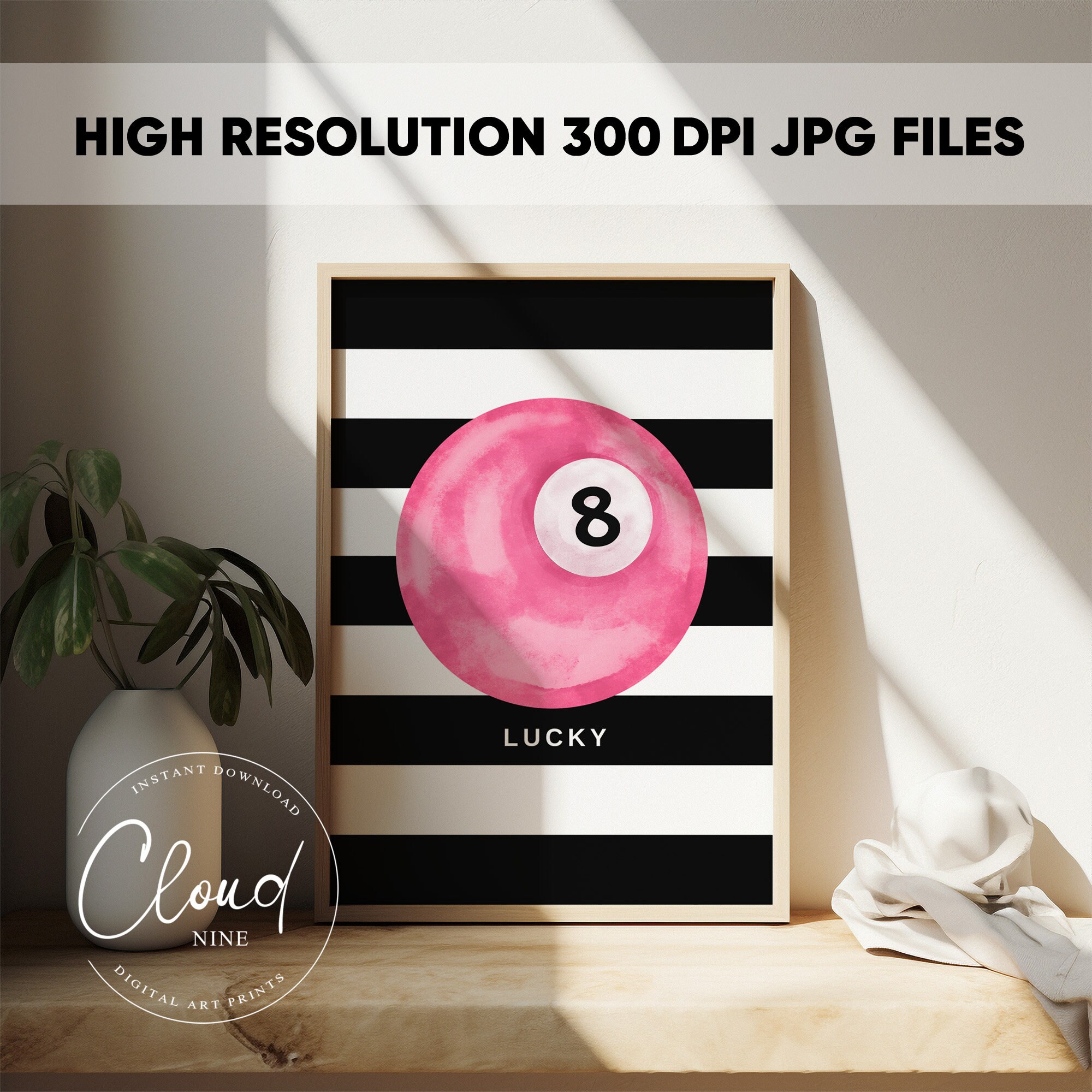 Lucky 8 Ball Wall Art, Vintage Pool Ball Print, Retro 80's Hand Drawn ...