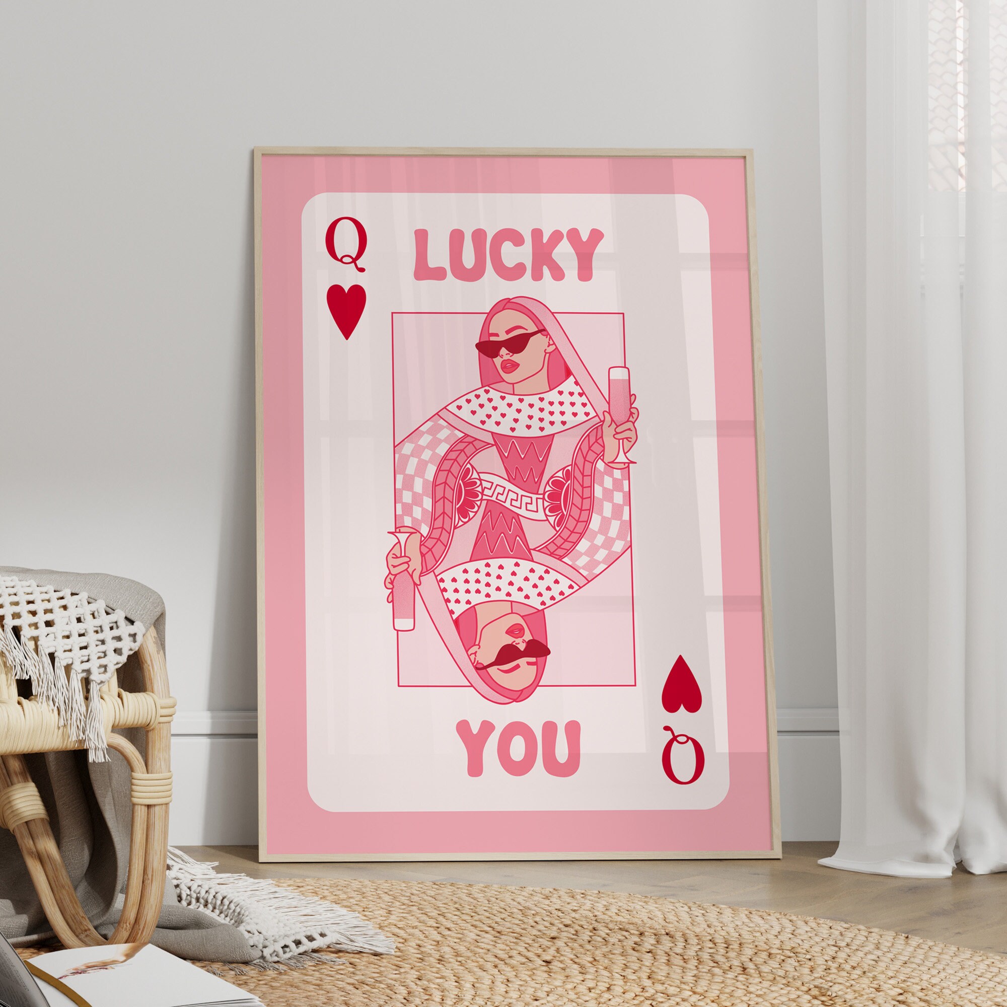 Trendy Retro Wall Art, Queen of Hearts Playing Card Poster, Lucky You ...