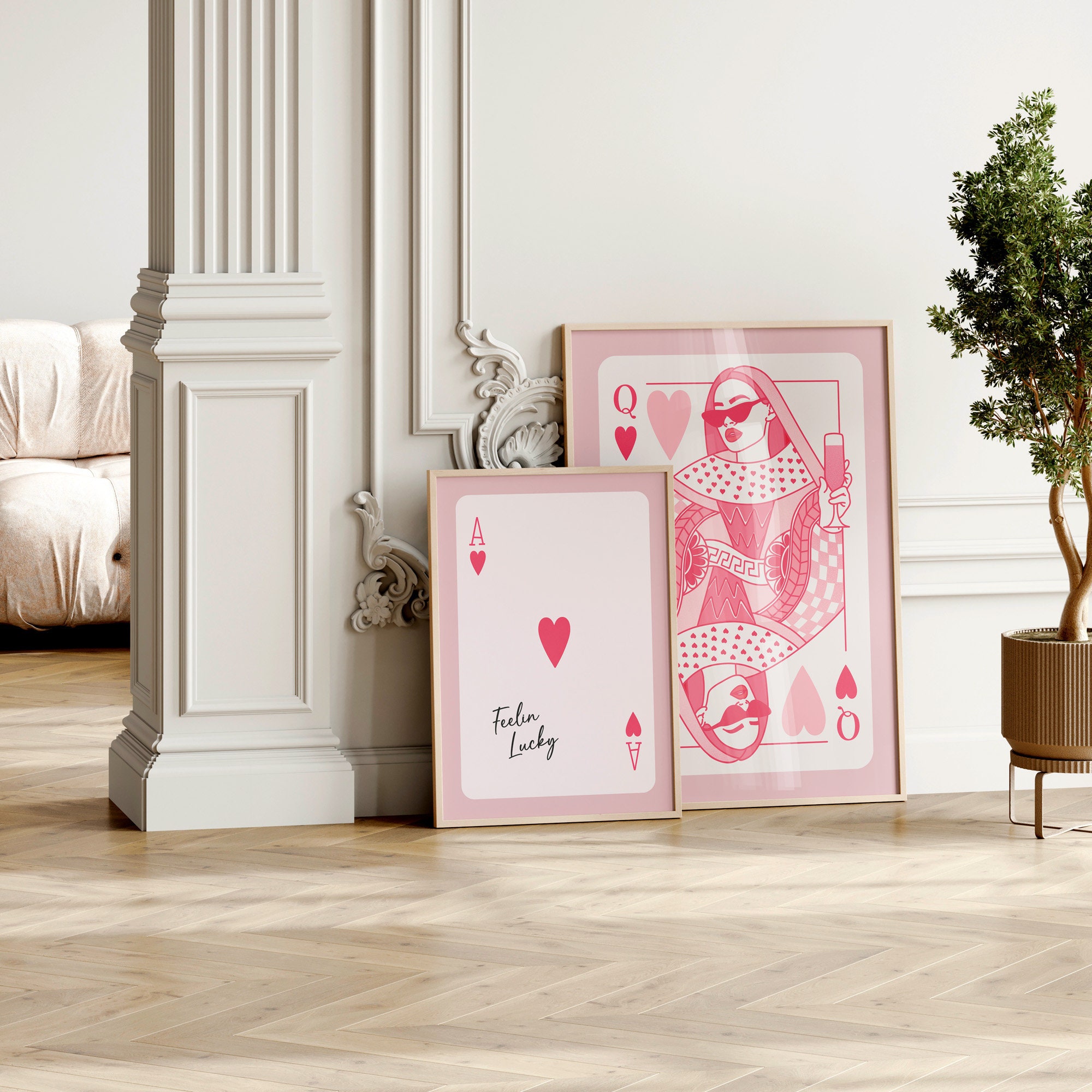 Playing Card Posters Set of 2, Pink Queen of Hearts Lucky Ace Wall Art ...