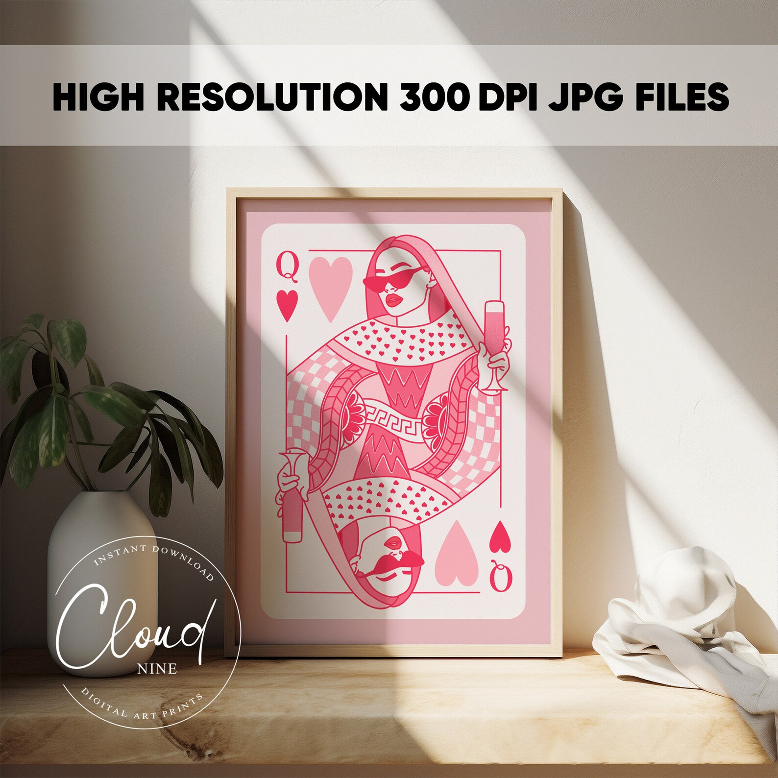 Pink Queen of Hearts Playing Card Poster, Champagne Cocktail Wall Art ...