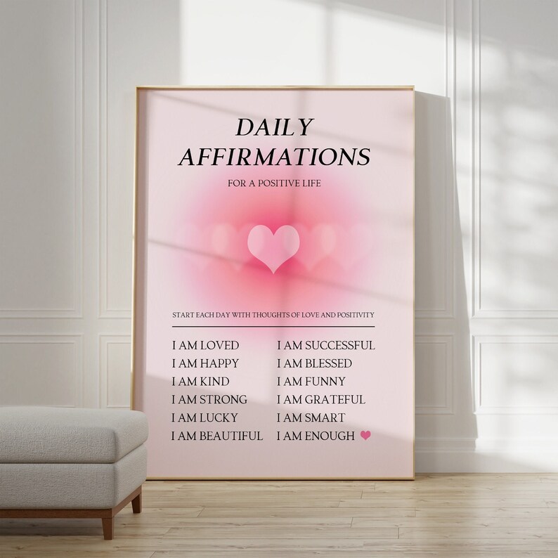 Daily Affirmations Poster, Positive Wall Art, Pink Aura Print, Heart ...