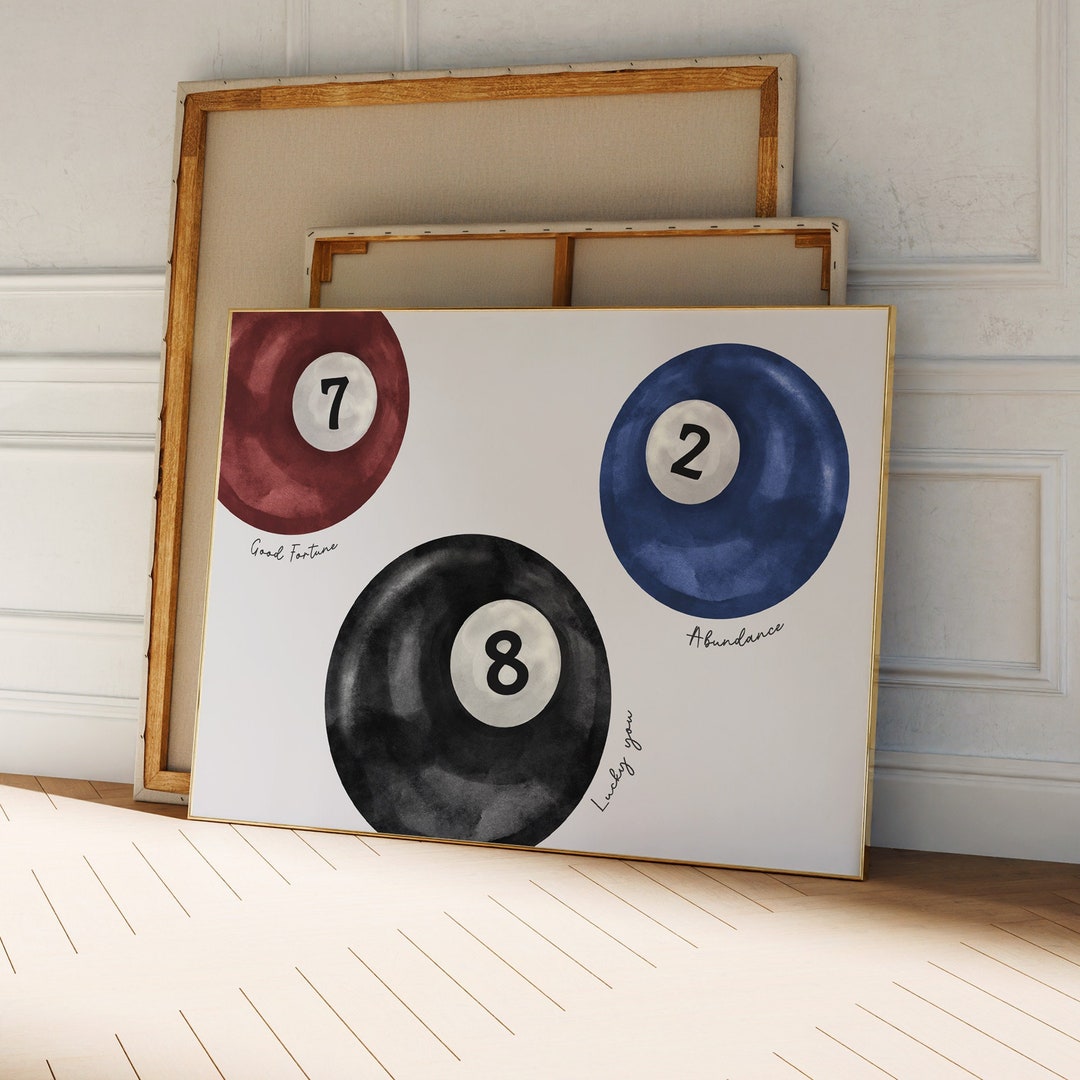 Vintage 8 Ball Print, Lucky Pool Ball Wall Art, Retro Hand Drawn Poster, Black Red & Blue Wall ...