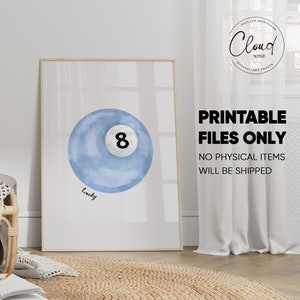 Lucky 8 Ball Wall Art, Vintage Pool Ball Print, Sky Blue Pool Ball ...