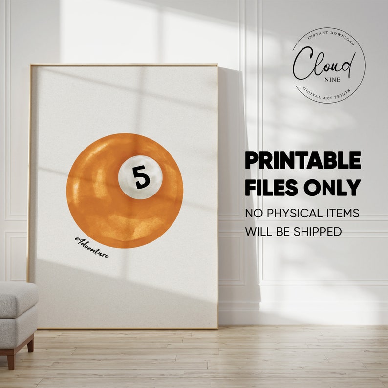 Vintage Pool Ball Print, Lucky Orange Adventure Wall Art, Retro Hand ...
