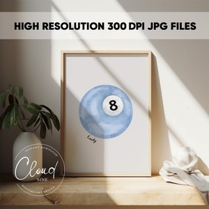 Lucky 8 Ball Wall Art, Vintage Pool Ball Print, Sky Blue Pool Ball ...