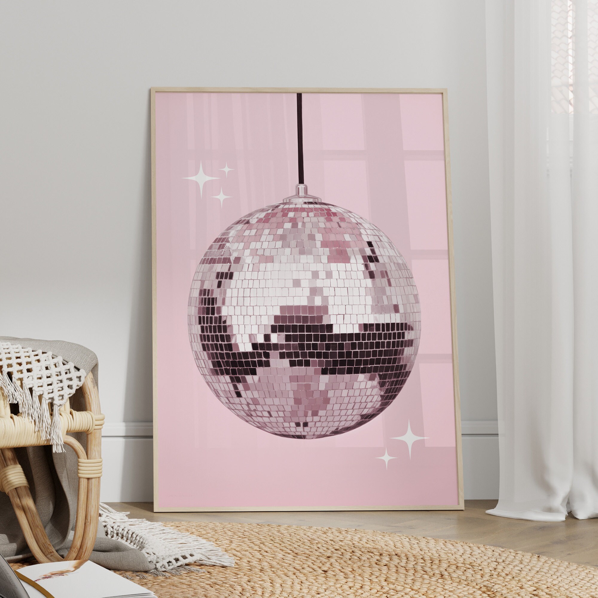 Retro Pink Disco Ball Poster, Mirror Ball Wall Art, Vintage 70's Style ...